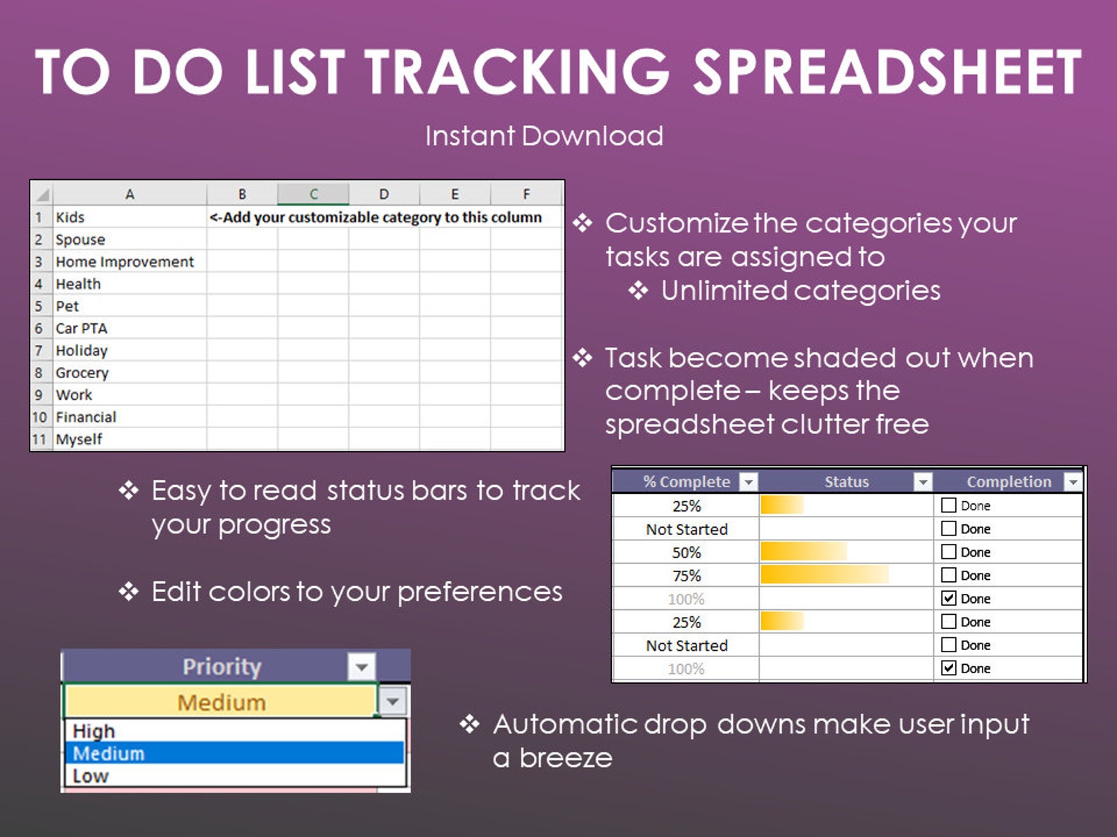 Excel to Do List Organizer and Task Tracking Spreadsheet - Easy to Read ...
