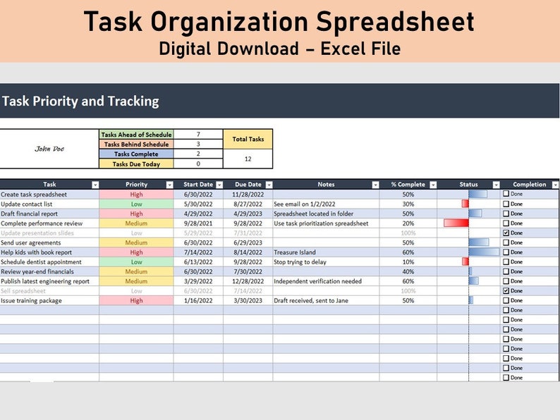 To Do List Digital Organizer and Progress Spreadsheet | Excel - Easy to ...