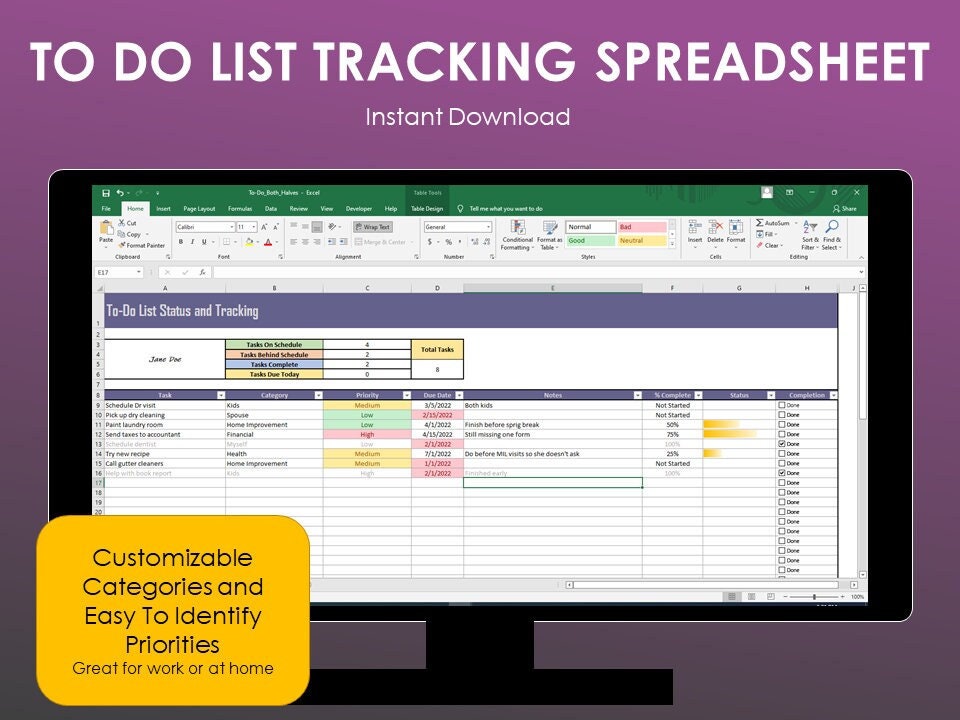 Excel to Do List Organizer and Task Tracking Spreadsheet - Easy to Read ...