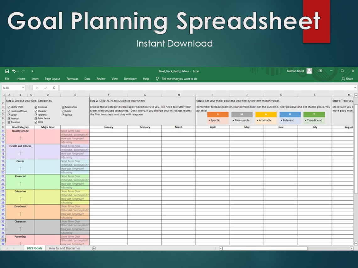Yearly Goal Planning Spreadsheet Excel - Etsy