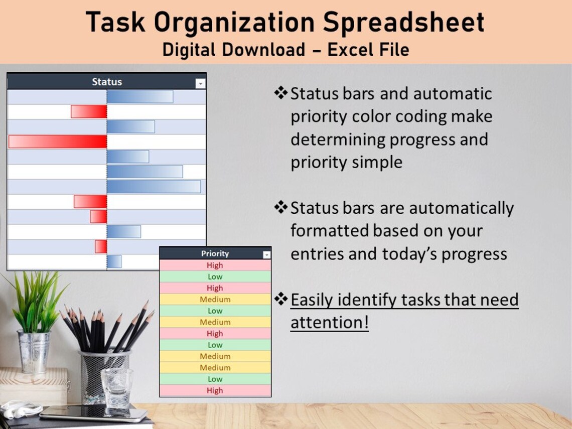 To Do List Digital Organizer and Progress Spreadsheet | Excel - Easy to ...