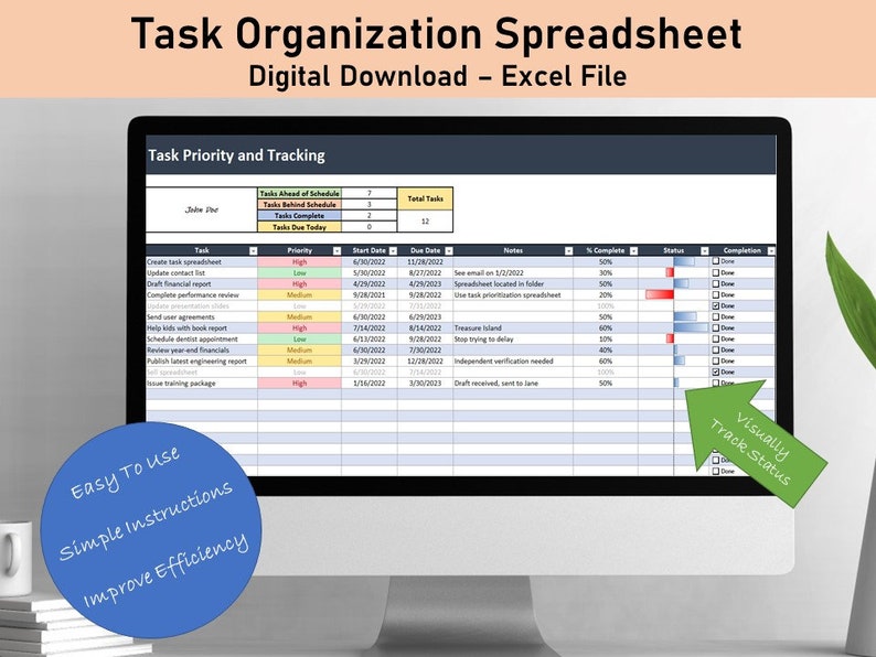 To Do List Digital Organizer and Progress Spreadsheet | Excel - Easy to ...