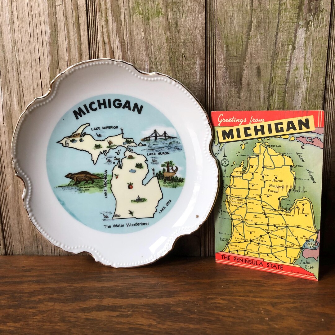 Vintage Michigan Souvenir Plate - State Postcard - Etsy