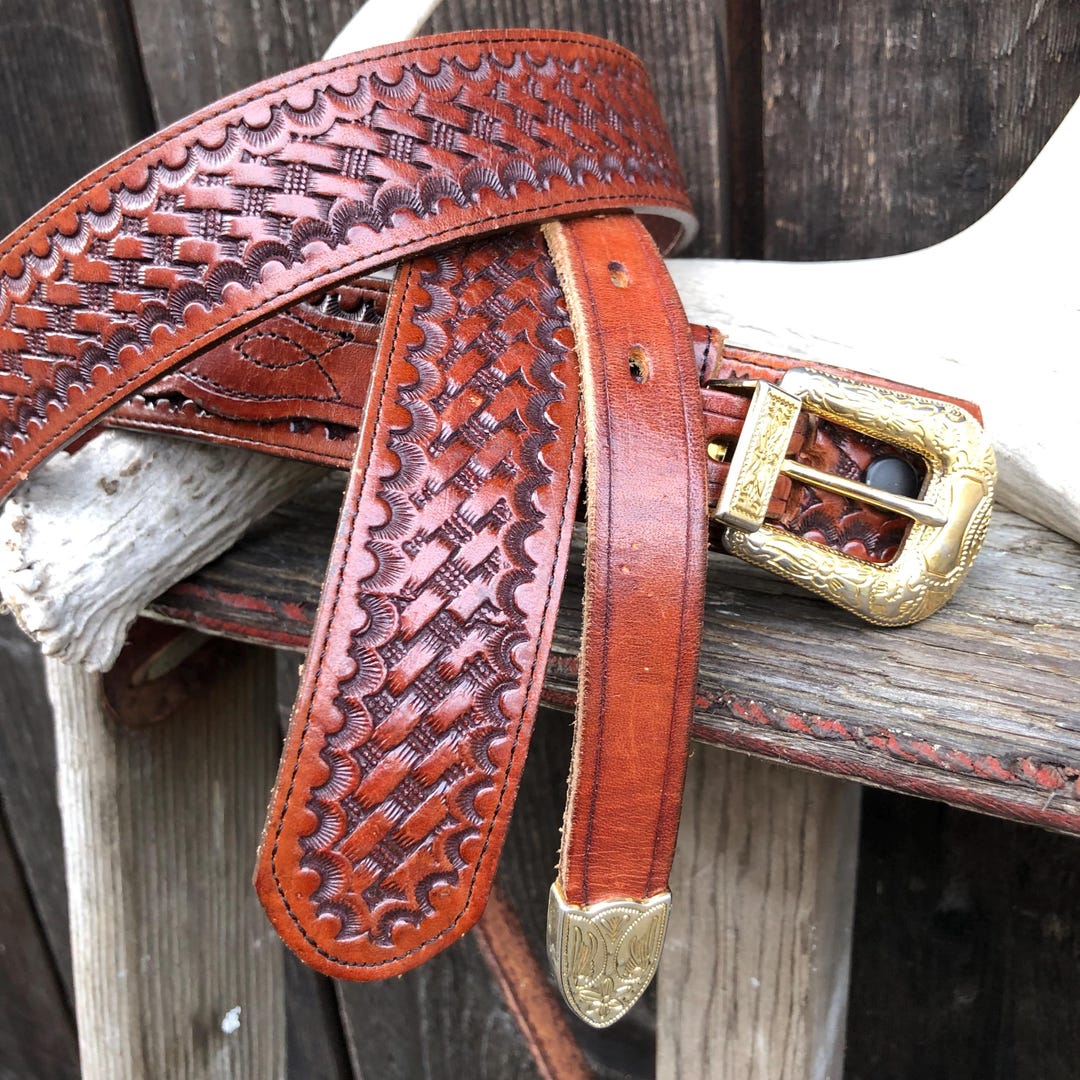 Western Ranger Style Belt Brown Leather W Gold Toned Buckle, Tip and ...