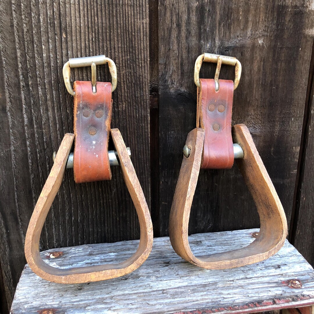 Pair of Wood and Leather Stirrups Primitive Western Ranch House Decor ...