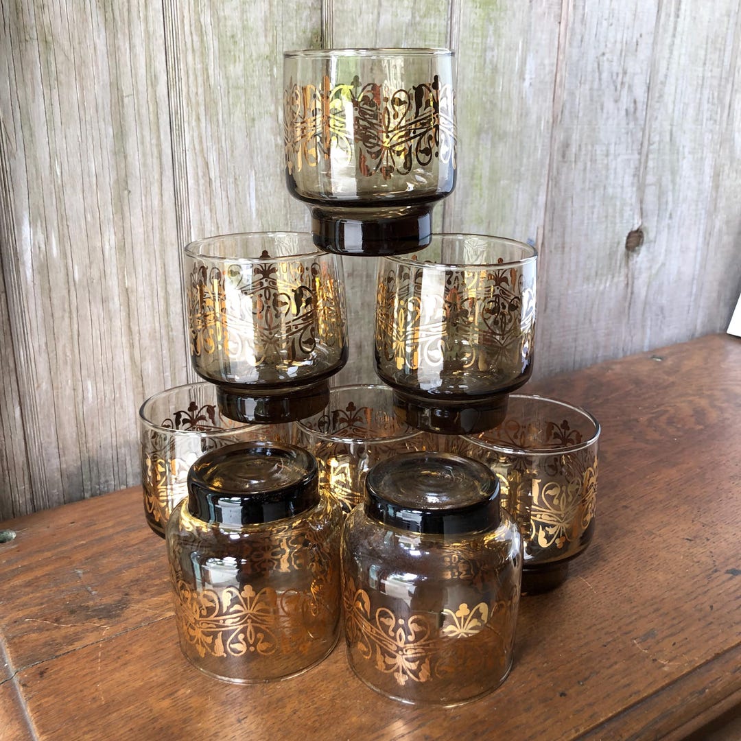 Set of 8 Smokey Brown MCM Old Fashioned Glassware With Hearts and Swans ...