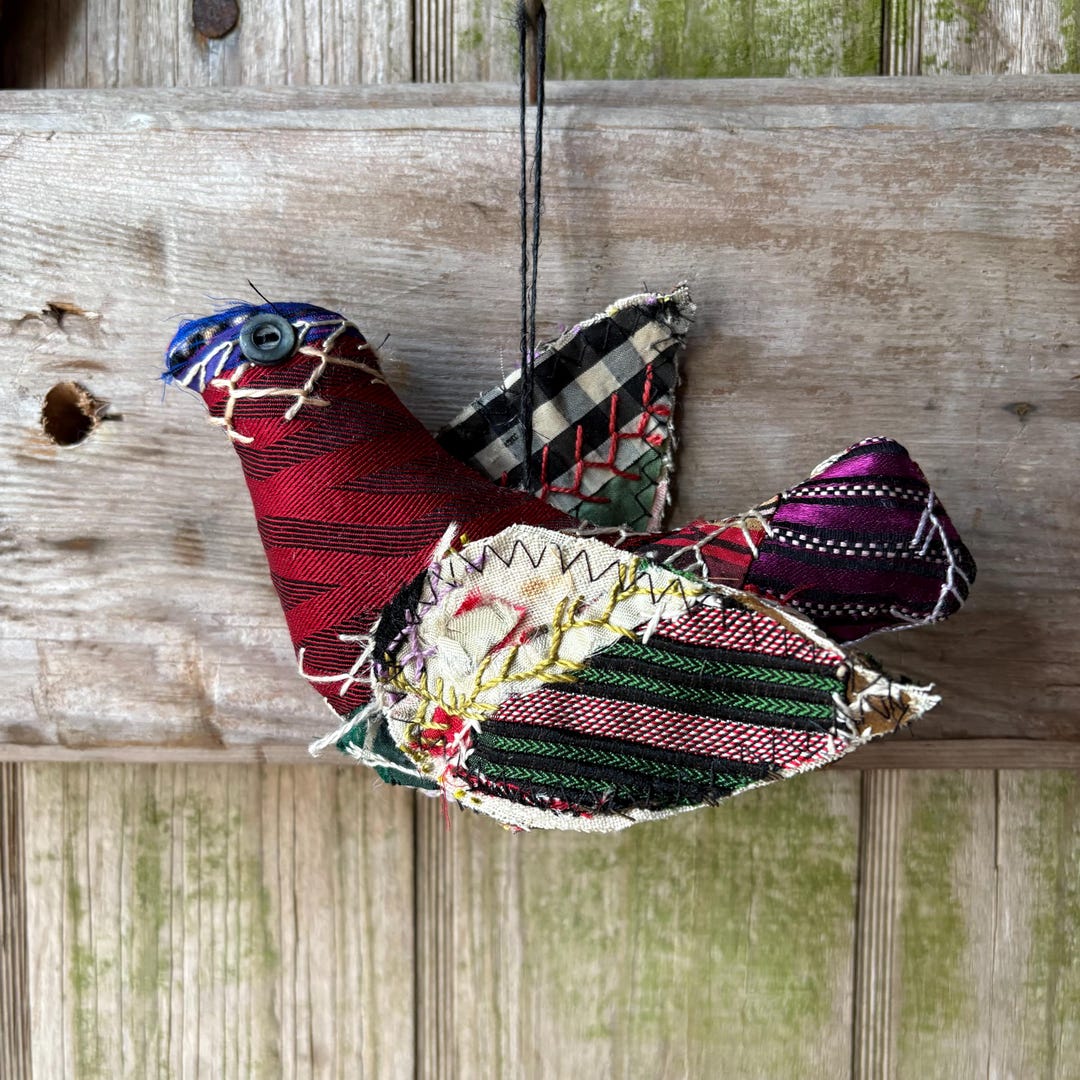 Primitive Fiber Art Bird Ornament - Antique Crazy Quilt Upcycle - Etsy
