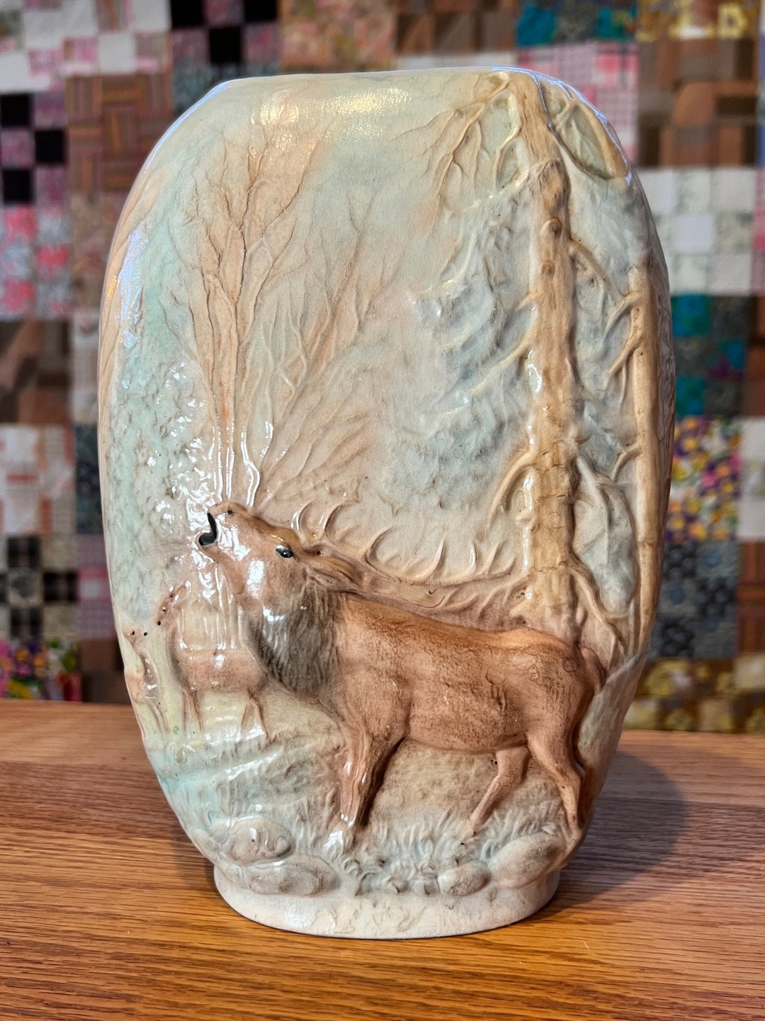 Large Elk Pottery Vase High Relief Embossed Elk in Forest Woodland ...