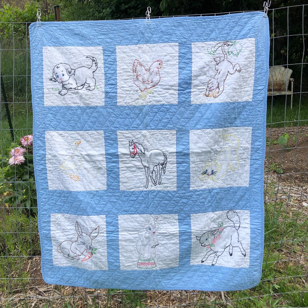 Vintage Embroidered Baby Quilt With Animals Hand Quilted - Etsy