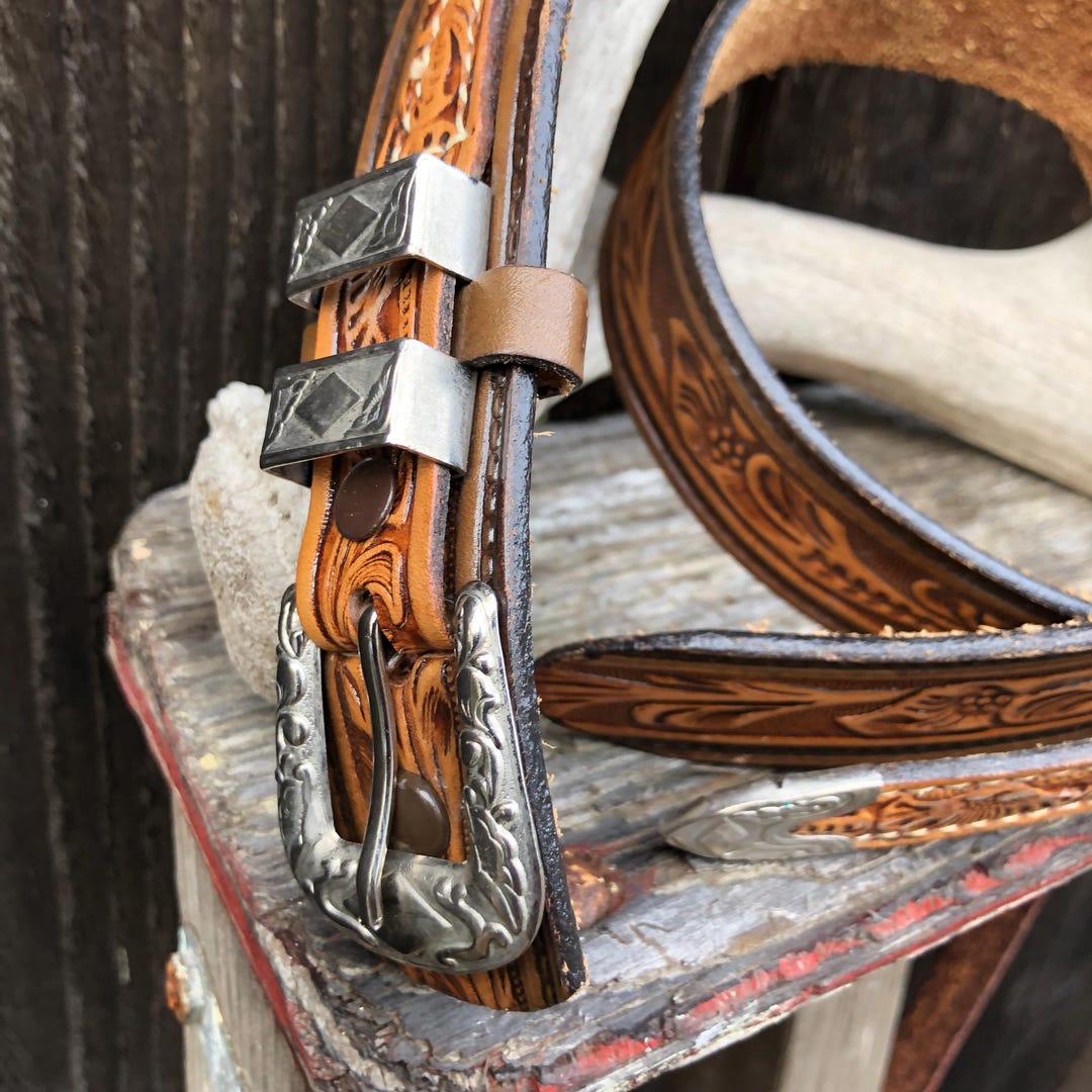 Western Ranger Style Belt - Brown Tooled Leather W Silver Toned Buckle ...