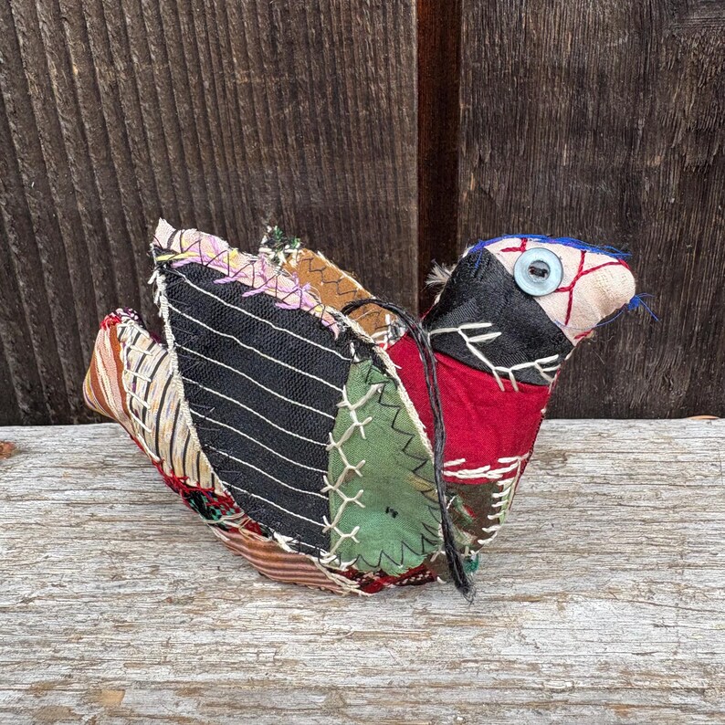 Primitive Fiber Art Bird Ornament - Antique Crazy Quilt Upcycle - Etsy