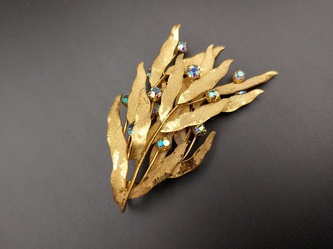 Large Midcentury West German Brooch, Leaf Design in Gold Tone With ...