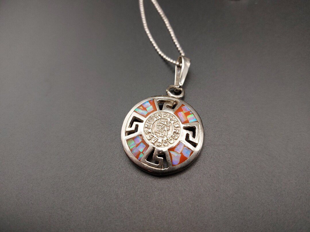 Sterling Silver Aztec Design Pendant, Inlaid Lab Opal With Red Enamel ...