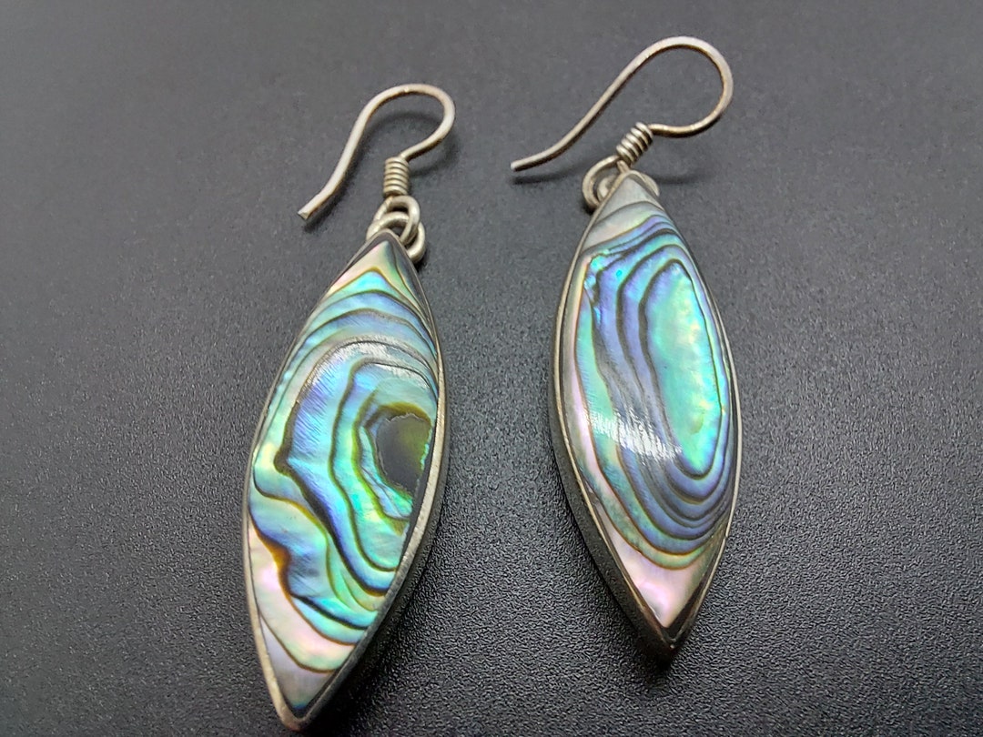 Vintage Sterling Silver Abalone Long Dangle Earrings, Green and Purple ...