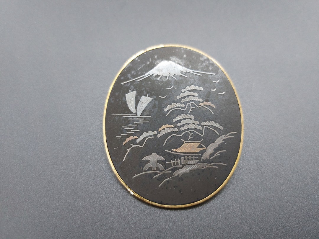 Large Amita Japan Damascene Brooch, Vintage Midcentury, Black Gold ...