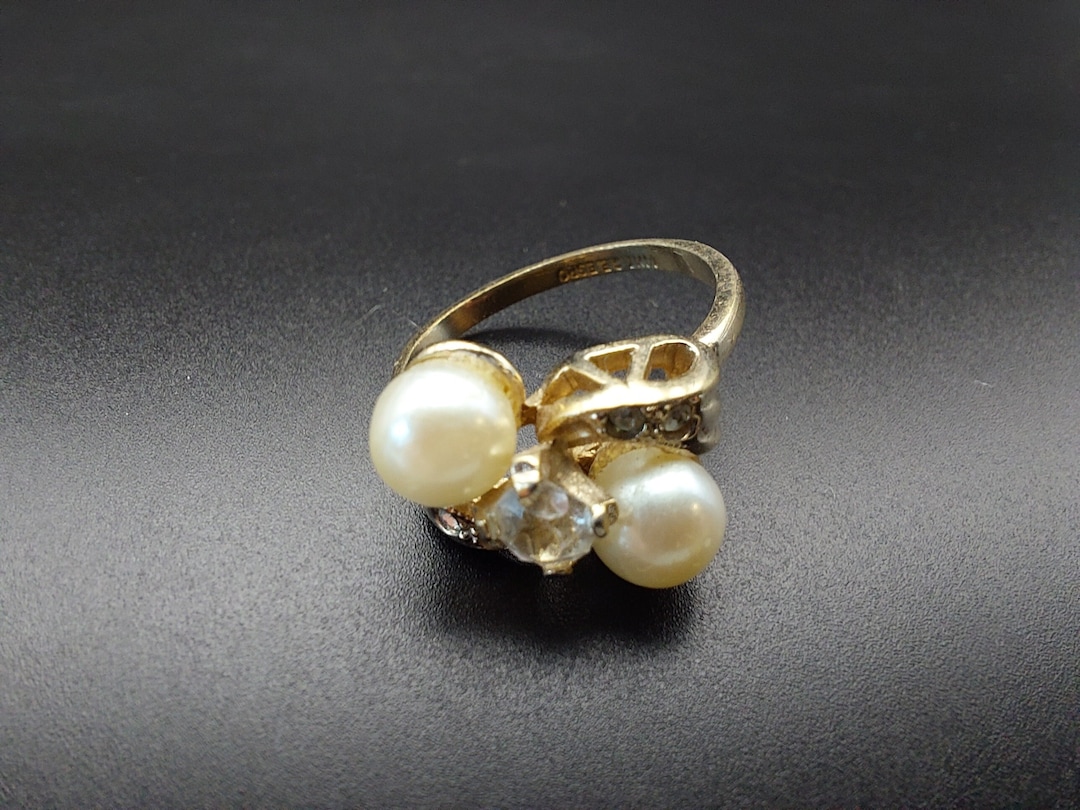 Vintage Gold Plate Ring, Faux Pearl and Glass Stone, Size 7, Joseph ...