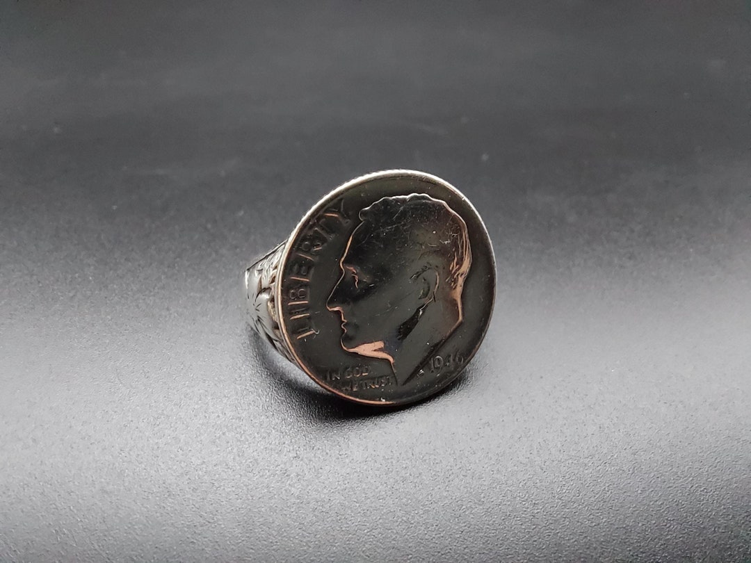 Sterling Silver Ring, 1946 Roosevelt Silver Dime, Size 6.75, Floral ...