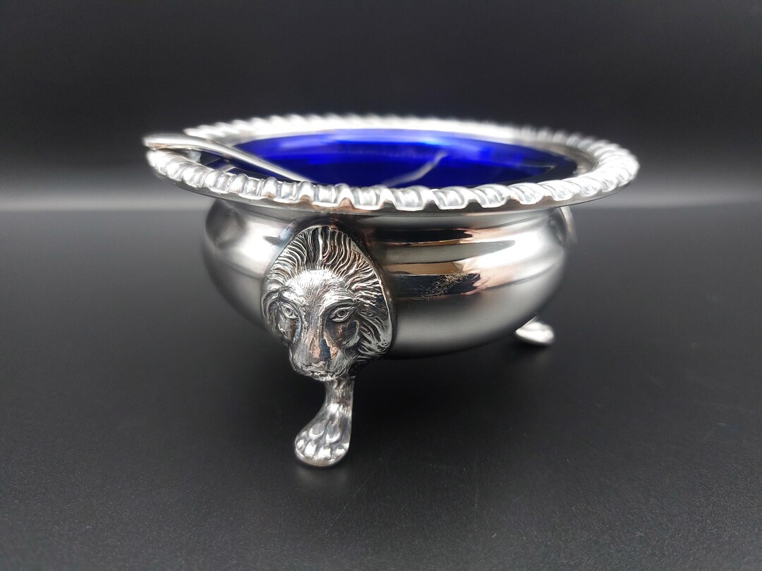 Heavy Silver Plate Salt Cellar With Cobalt Blue Glass Insert and Spoon ...