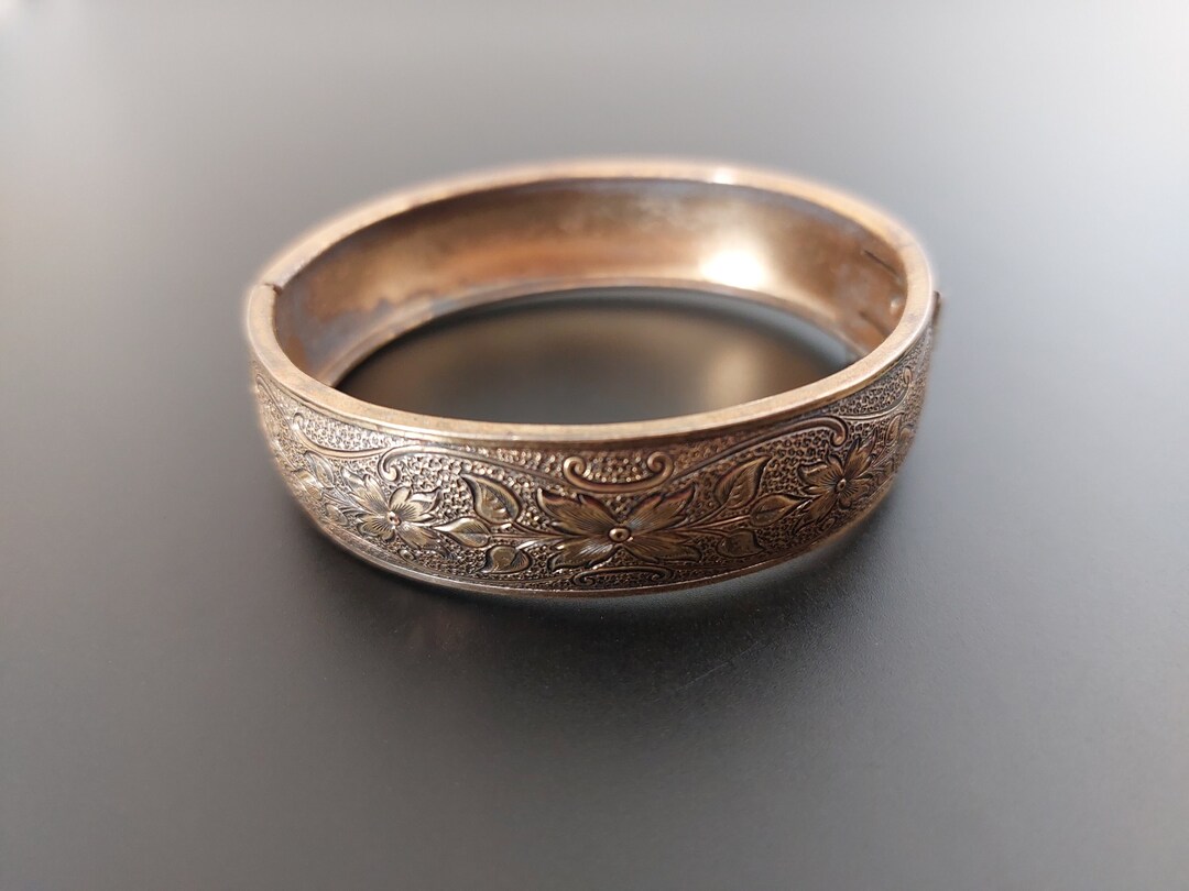 Vintage Brass Tone Floral Bangle, Raised Design, Hinged Bracelet - Etsy