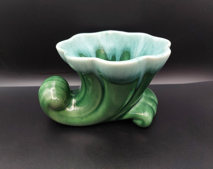 Vintage Green Pottery Cornucopia Planter, Drip Glaze, Art Deco Mid ...