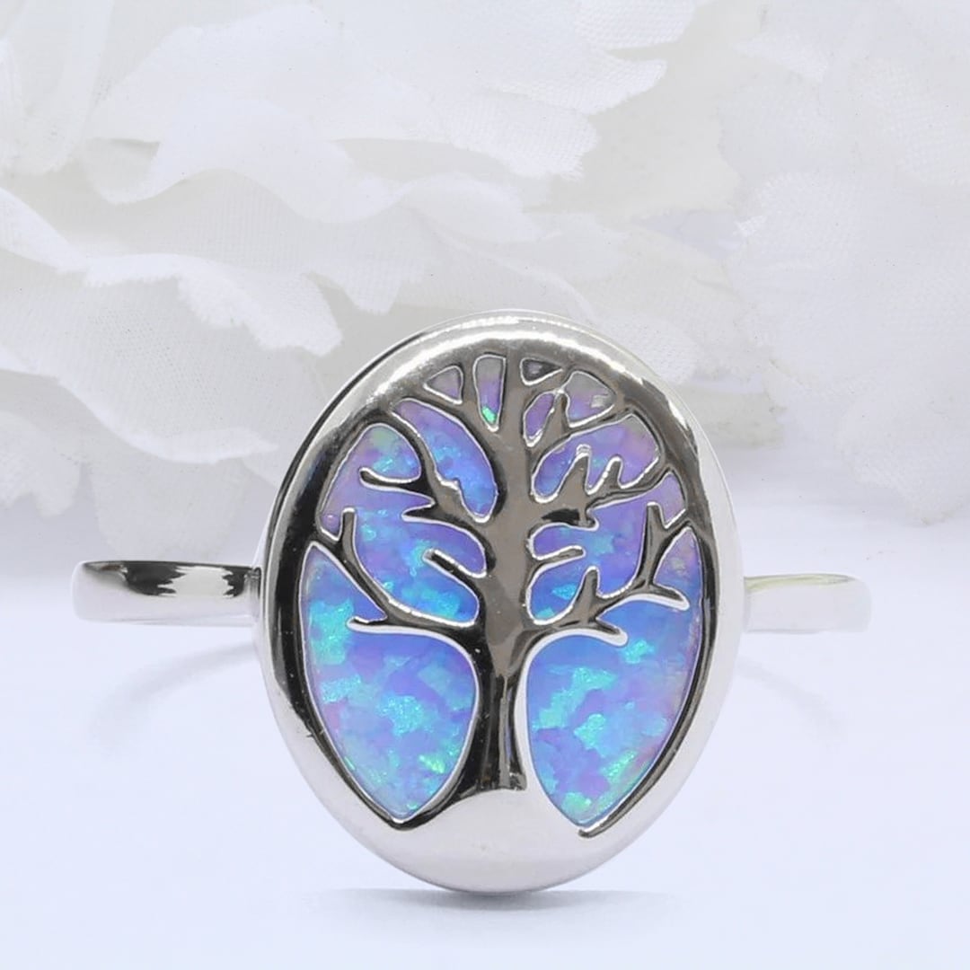 Filigree Tree of Life Ring, Lab-created Blue Opal, Sterling Silver - Etsy