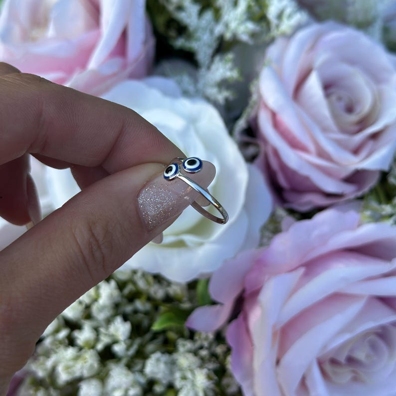 Minimalist Evil Eye Round Stone Ring Enamel Inlay Statement Band 925 ...