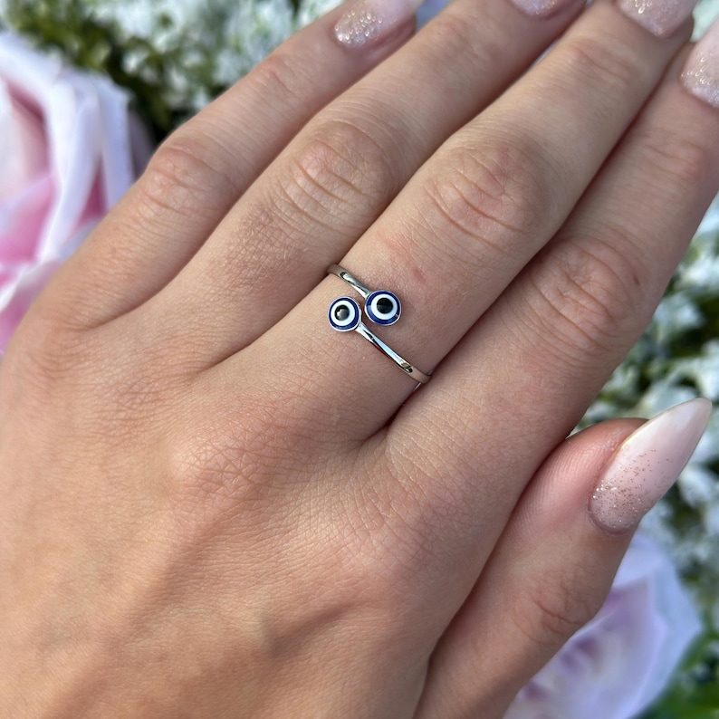 Minimalist Evil Eye Round Stone Ring Enamel Inlay Statement Band 925 ...