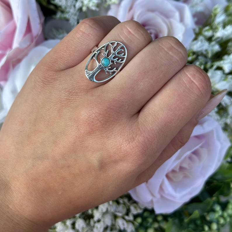 Minimalist Silver Tree of Life Ring Statement Round Stone Oxidized Band ...