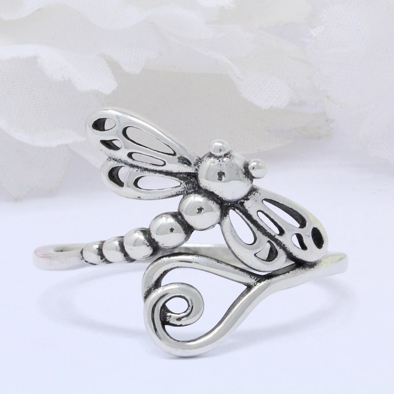 Oxidized Sterling Silver Dragonfly Ring, Filigree Swirl Band - Etsy