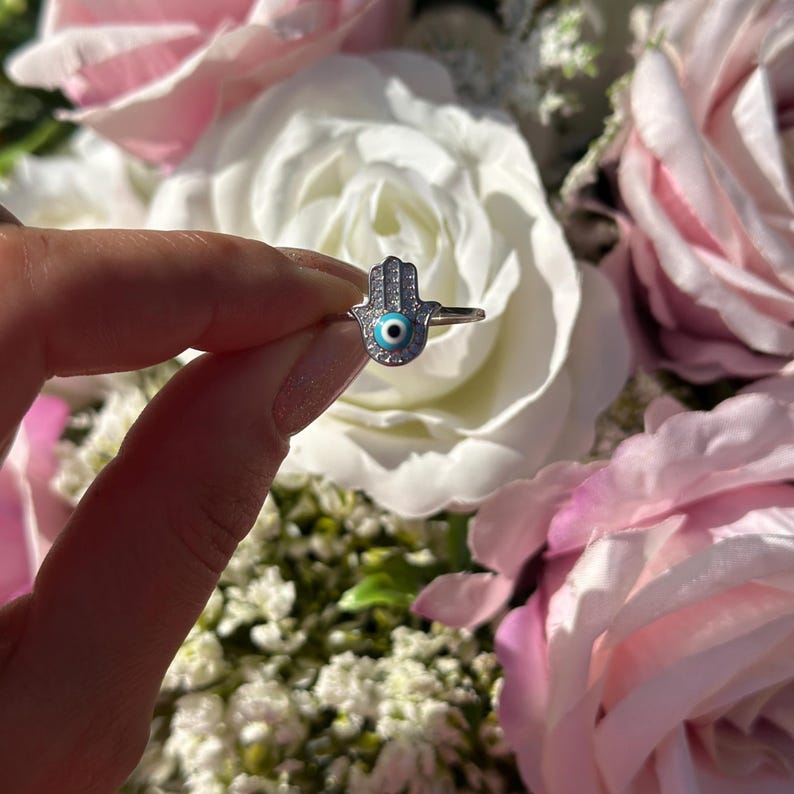 Hamsa & Evil Eye Ring Solid Band Minimalist Statement CZ Ring 925 ...