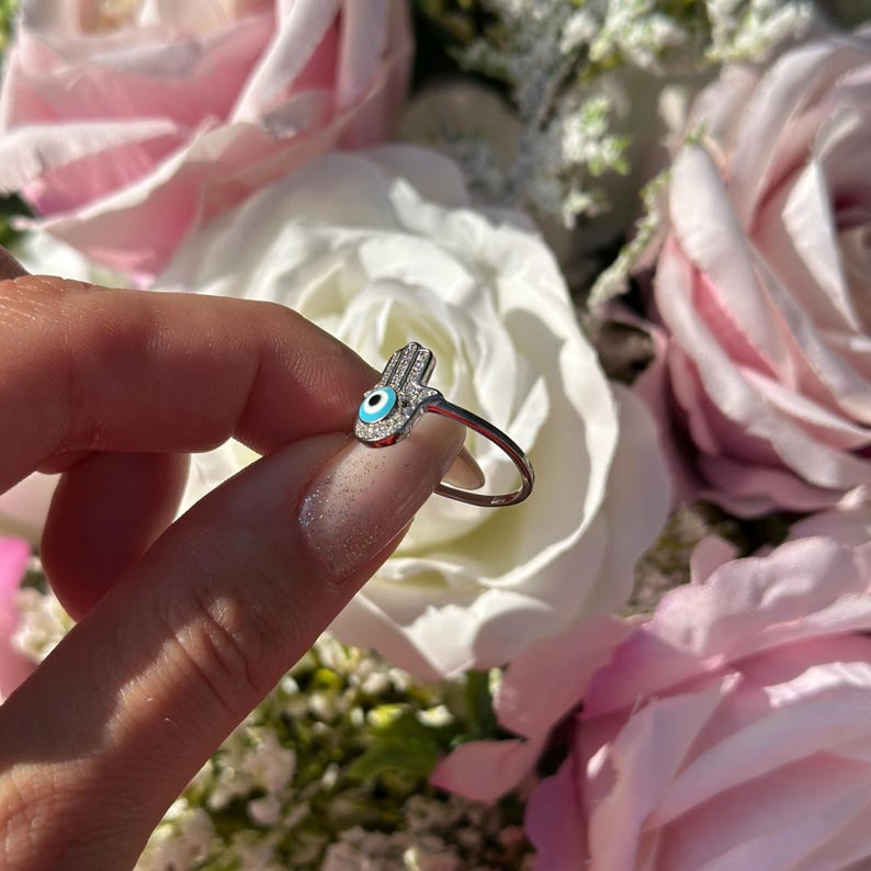 Hamsa & Evil Eye Ring Solid Band Minimalist Statement CZ Ring 925 ...