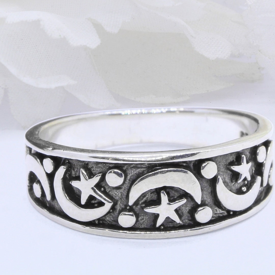 7mm Filigree Swirl Moon and Star Ring 925 Sterling Silver Oxidized Moon ...