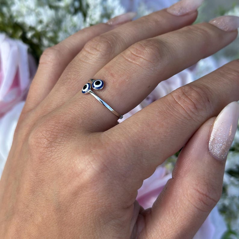 Minimalist Evil Eye Round Stone Ring Enamel Inlay Statement Band 925 ...