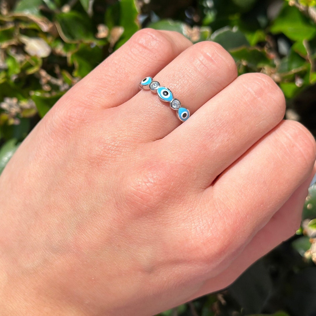 3.6 Mm Evil Eye Band Ring Thumb Band Ring 925 Sterling Silver Clear CZ ...