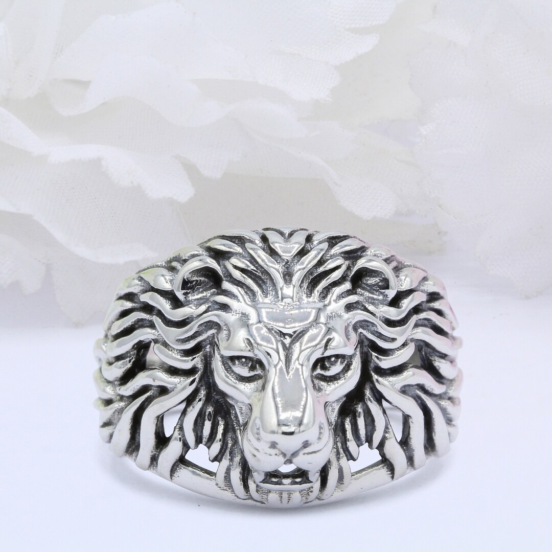 16.8mm Lion Head Band Ring 925 Sterling Silver Oxidized Band Lion Head ...