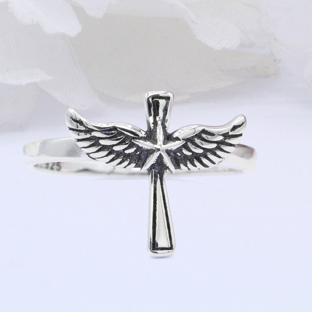 13.5mm Filigree Swirl Celtic Cross Wings Band Ring 925 Sterling Silver ...