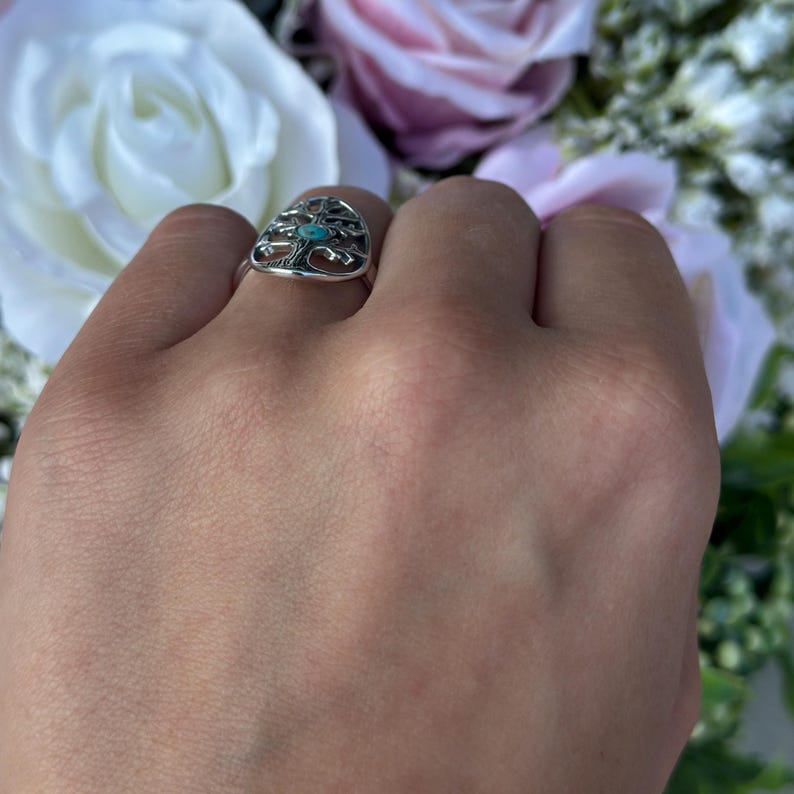 Minimalist Silver Tree of Life Ring Statement Round Stone Oxidized Band ...
