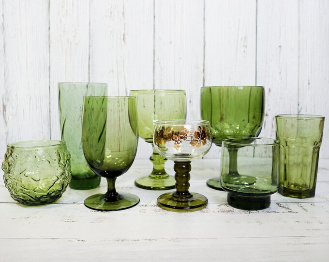 8-pc Mismatched Collection Vintage Green Glasses Goblets Rocks Tumbler ...