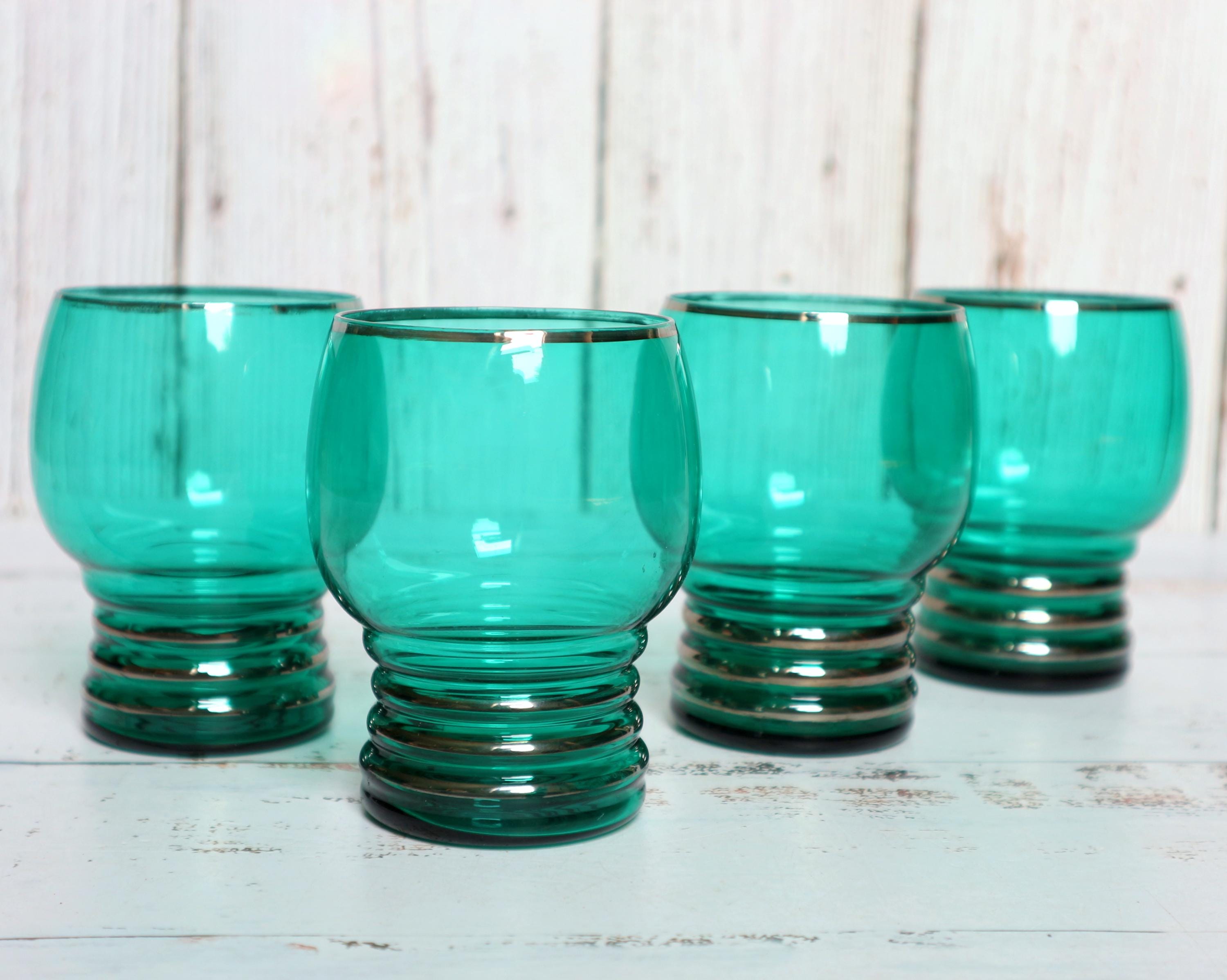 Vintage Art Deco Green Glasses Set Platinum Silver Tumblers Stemless ...