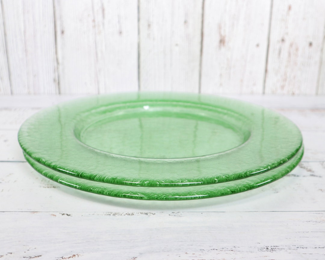 Green Glass Charger Plates Set 2 Textured Hatch Frosted Glossy European ...