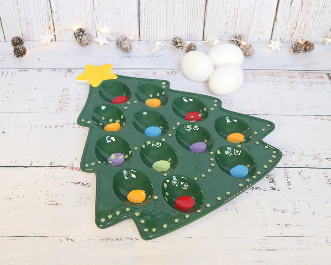 Vintage Ceramic Deviled Egg Platter Christmas Tree Hand-painted W/ Star ...