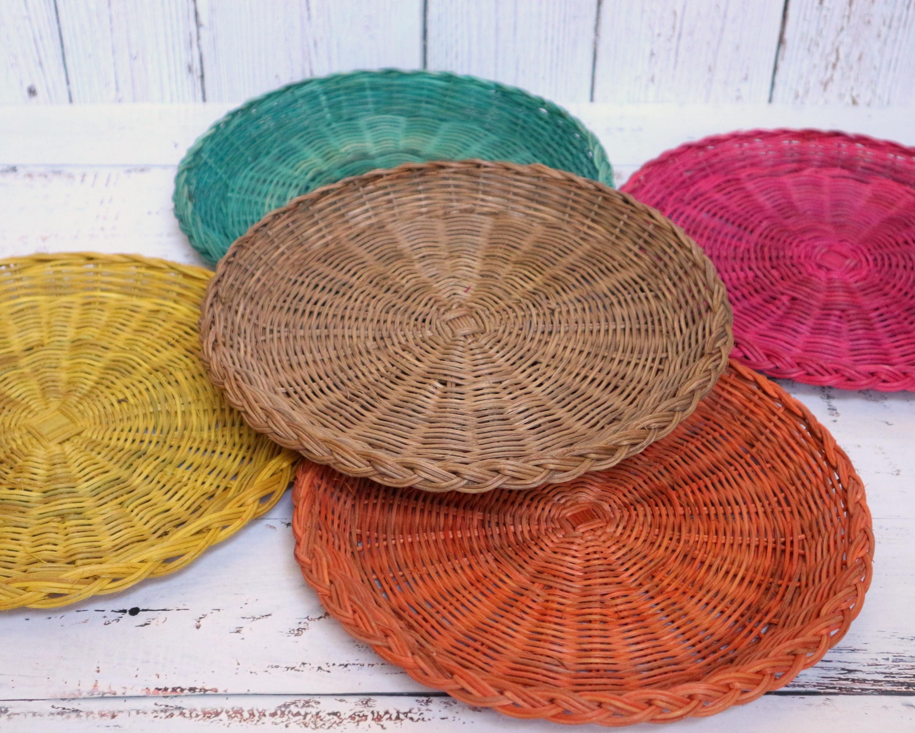 Vintage Colorful Bamboo Wicker Paper Plate Holders 5-pc Set Retro Boho ...