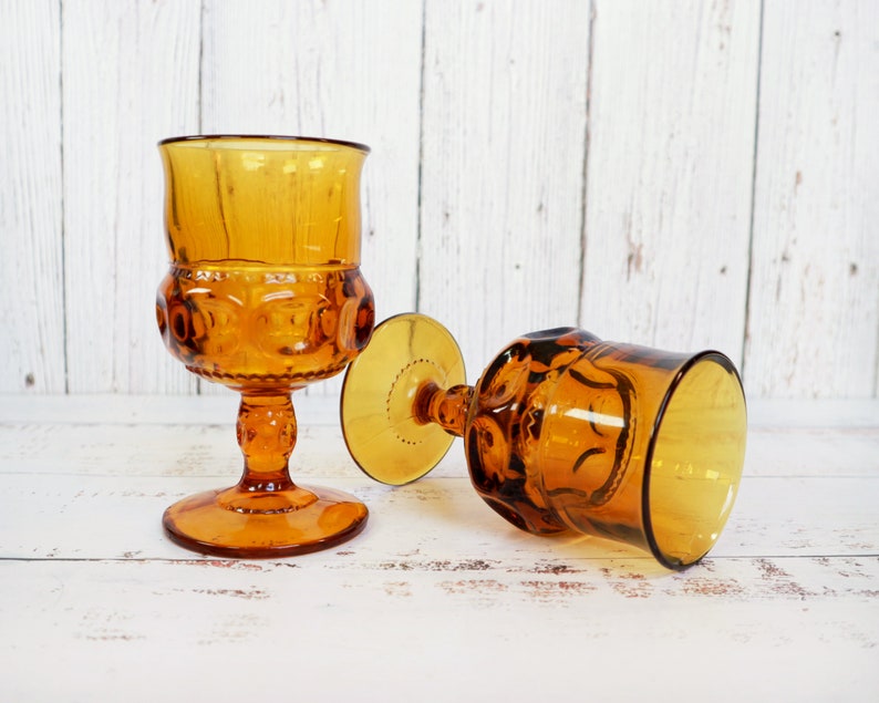 Pair of Vintage Amber Thumbprint Glasses Goblets Indiana Glass King's ...