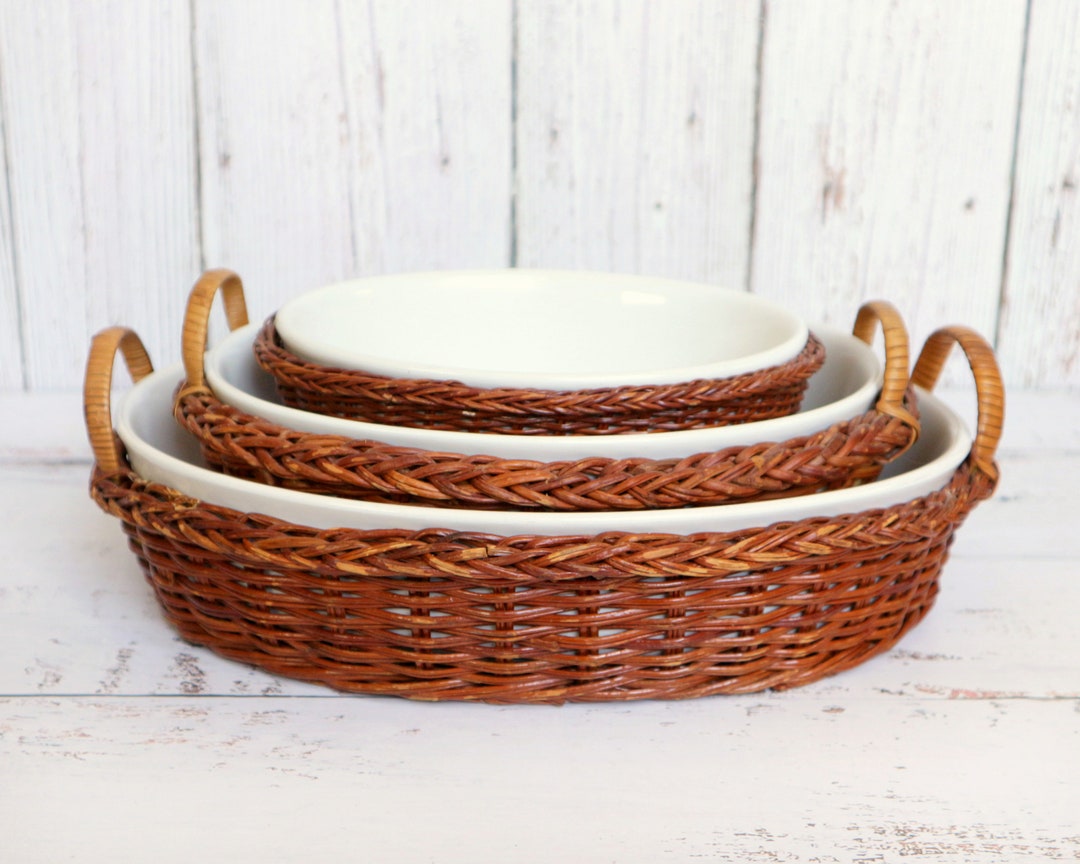 Vintage White Ceramic & Wicker Basket Tray Casserole Set 3 - Etsy