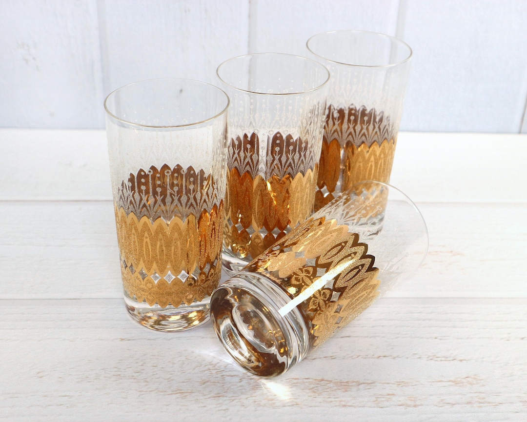 Vintage Pasinski Golden Feather Highball Glasses (set of 4) Frosted Mid ...