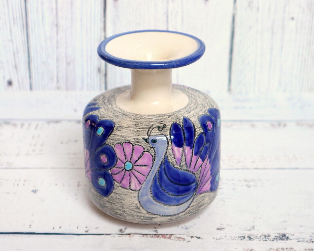 Eduardo Vega Pottery Vase Blue Purple Peacocks Hand Painted Signed by ...
