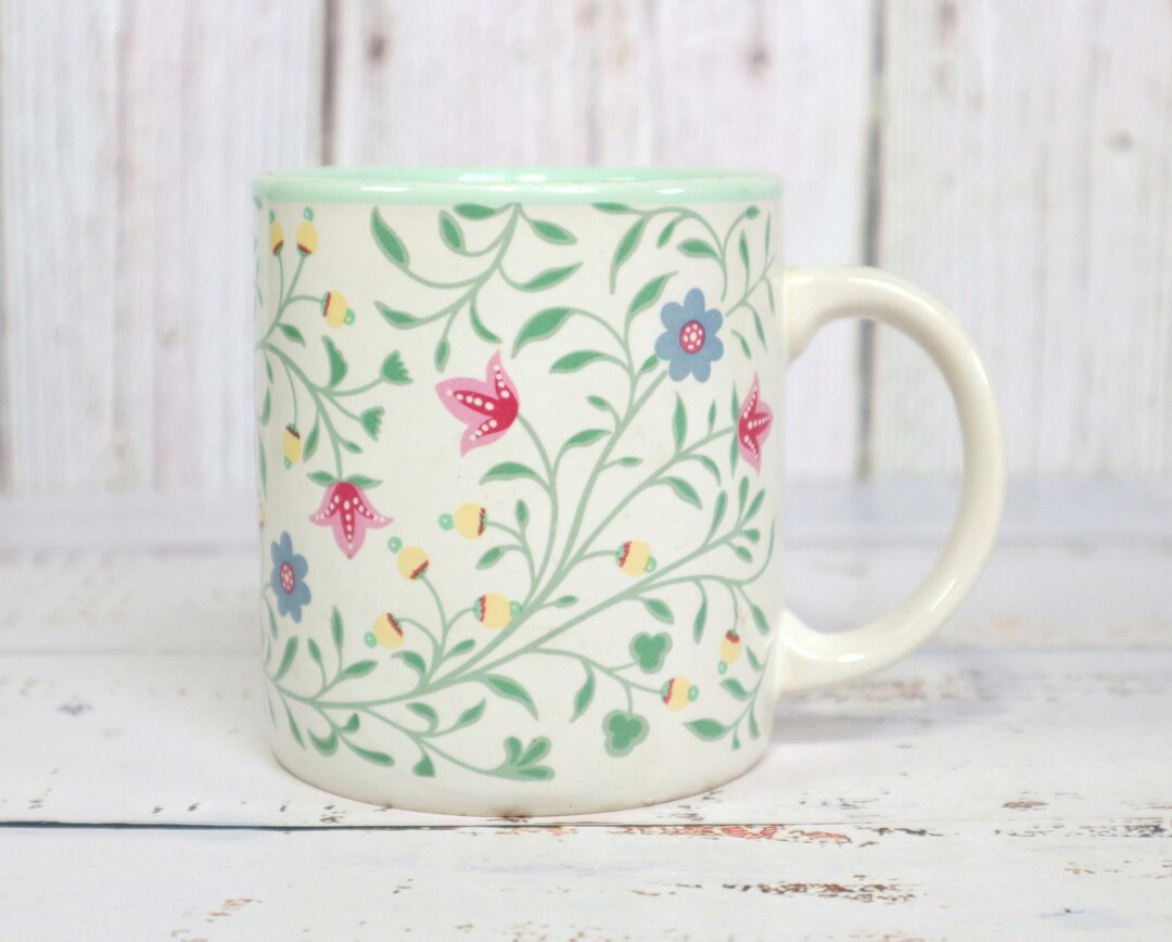 Vintage Spring Flower Mug Colorful Floral Coffee Tea Cup Pastel Green ...