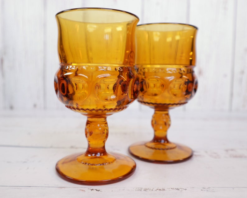 Pair of Vintage Amber Thumbprint Glasses Goblets Indiana Glass King's ...