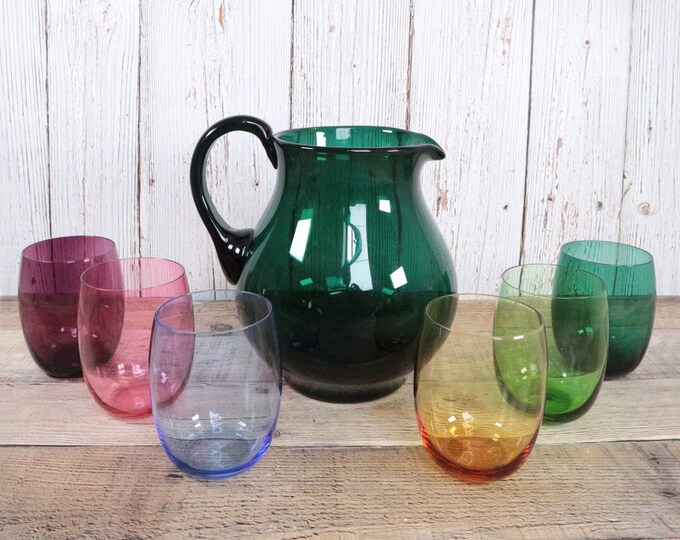 Vintage Colored Glass Pitcher & Glasses Set (6) Mixed Mid-century Mod ...