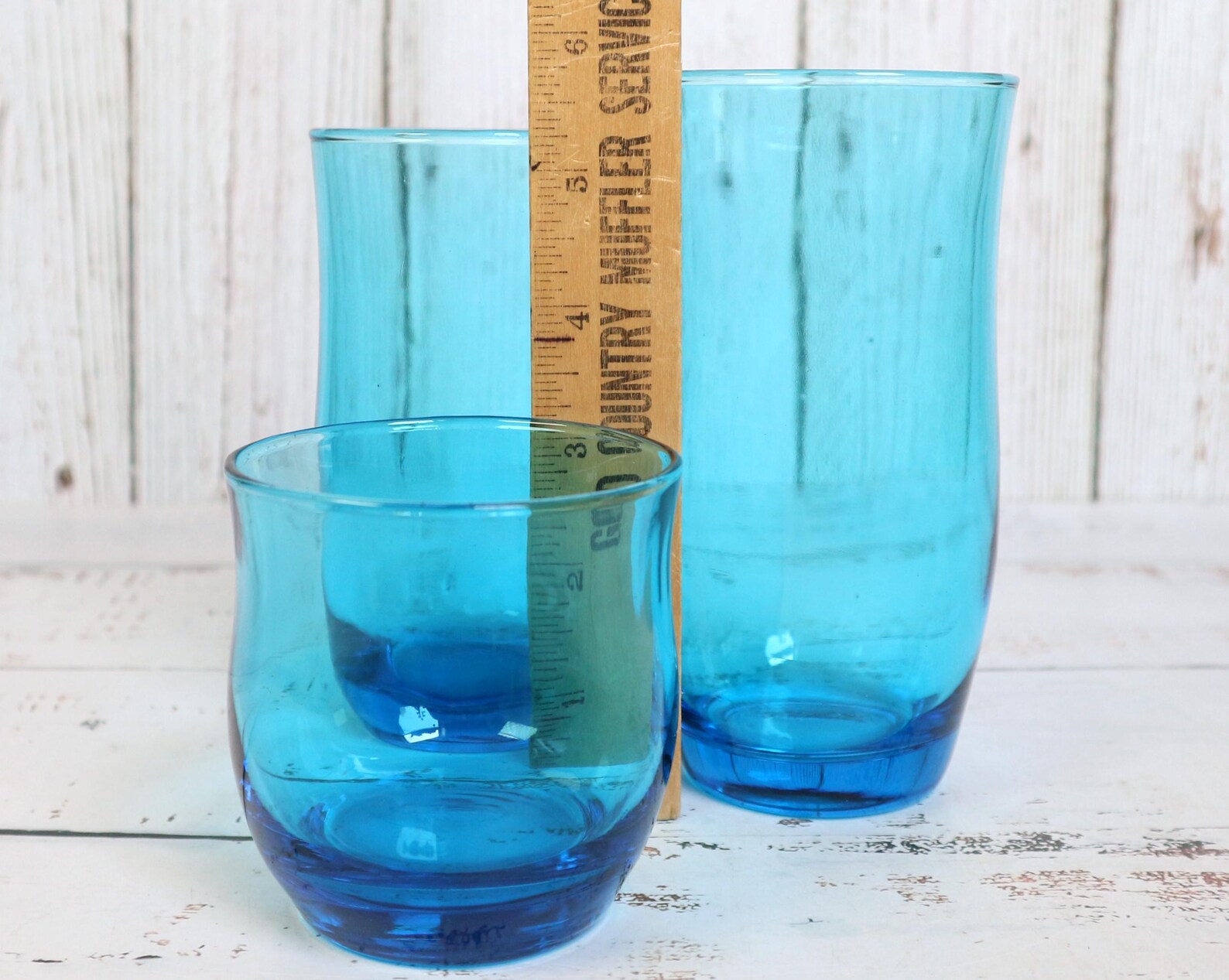 MCM Drinking Glasses Set (3) Peacock Blue Anchor Hocking Flair Laser ...